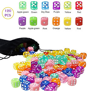 120 Pieces 6 Sided Dice Set Translucent & Solid Games Dice Set, Colored Dice with Free a Black Velvet Pouches for Playing Games, Like Board Games, Dice Games, Math Games, Party Favors and More (16 mm)