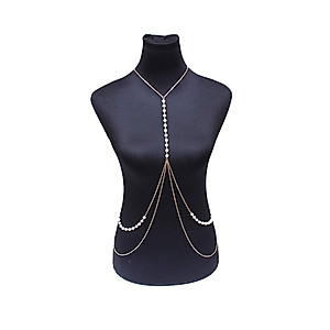 Tgirls Dainty Pearl Body Chain Gold Layered Body Chains Tassel Necklace Dress Jewelry for Women