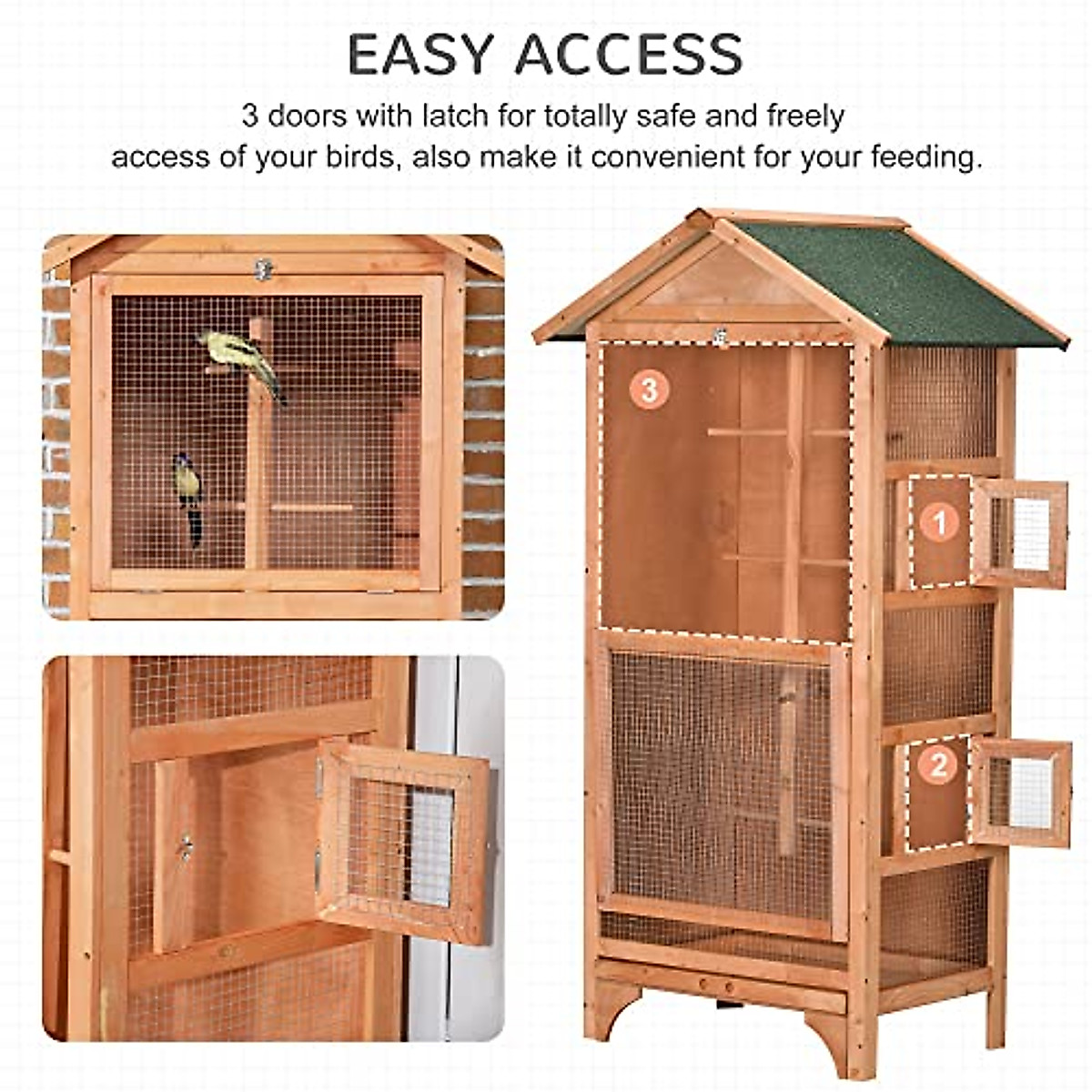 PawHut 60" Wooden Outdoor Bird Cage for Finches, Parakeet, Large Bird Cage with Removable Bottom Tray 4 Perch, Orange