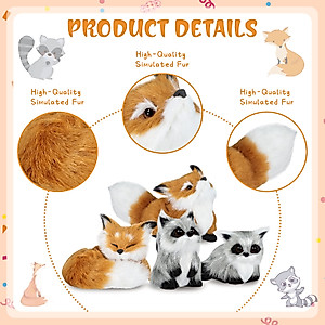 Deekin 4 Pcs Mini Simulation Fur Toy Christmas Animal Decoration Cute Furs Plush Raccoon Fox Squatting Sleeping Animals World with Static Action Figures for Home Office Desktop Decor