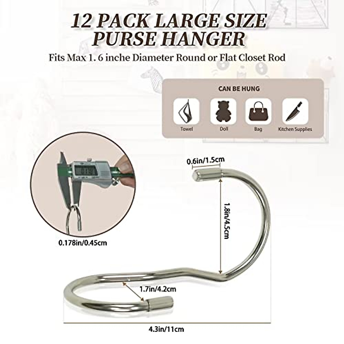 12 Pack Purse Hanger for Closet, DSVENROLY Unique Twist Design Closet Organizer Hanger Hooks, Closet Hooks for Hanging Purses Handbags Clothes Pans and Pots (Silver)