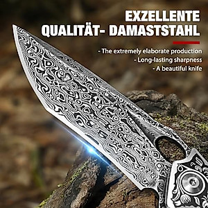 DRACHENADER Knife Damascus Pocket Knife Damascus Steel with Beautiful Leather Sheath, Outdoor Folding Knife Vg10 Core Wooden Handle Gift for Knife Lovers and Outdoor Enthusiasts