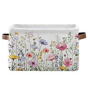 YETTASBIN Herbal Wildflowers Storage Basket 1pc, Large Collapsible Toys Clothes Organizer, Durable Canvas Storage Bin with Handle for Shelves Closet Laundry Home Office Decor