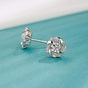 SA SILVERAGE Hypoallergenic Earrings 925 Sterling Silver Earring Flower Brilliant Cut Simulated Diamond Cubic Zirconia Ear Rings for Women Silver Jewelry