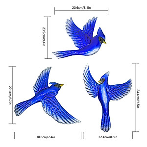 3Pack Blue Metal Bird Wall Art Decor, Wall Sculpture Hanging For Christmas Ornaments Outdoor Indoor Home Garden Porch Fence Farmhouse Living Room Bedroom Kitchen, Unique Memorial Gifts For Mom