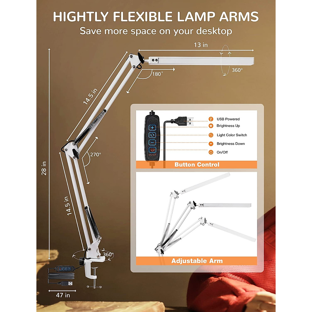 LED Desk Lamp, Adjustable Swing Arm Desk Light with Clamp, 3 Modes &10 Brightness, Study Clamp Light for Architect Kids, Memory Function, Bright Desk Lamps for Home Office Read Room Desktop, White-14W