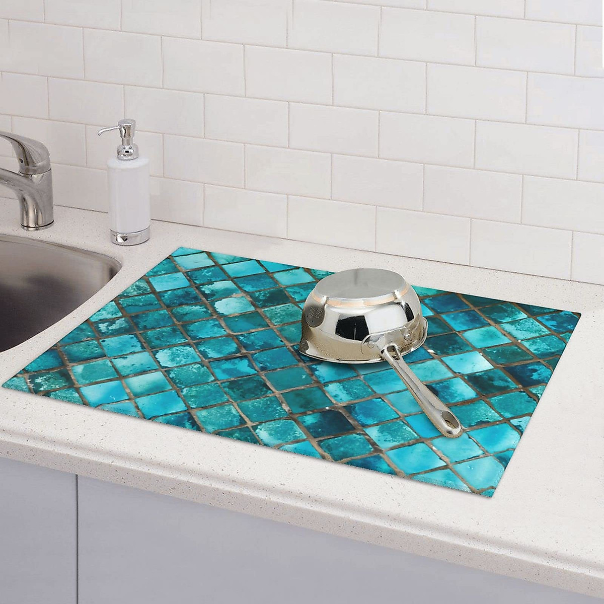 Teery-YY Dish Drying Mat Turquoise Blue Pattern Microfiber Absorbent Reversible Kitchenware Mat for Kitchen Counter Decor - Large 18 x 24 Inch