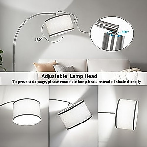 Arc Floor Lamp for Living Room, Silver Modern Standing Lamp with Adjustable Head Tall Pole Lamp with On/Off Pedal Switch, Over Couch Arched Tall standing light for Reading Bedroom 9W LED Bulb Included
