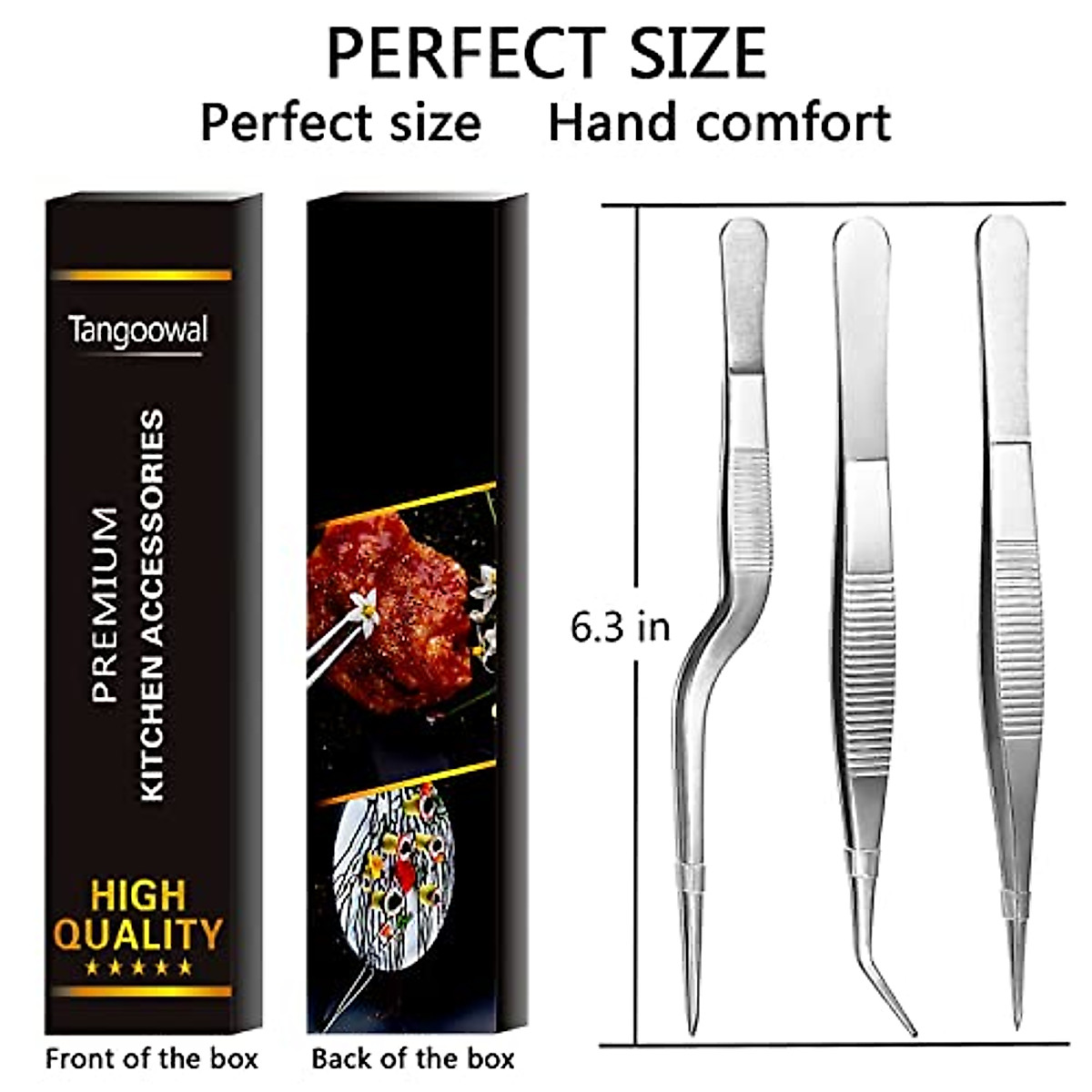 Tangoowal Kitchen Cooking Tweezers Culinary,3 Piece Set Stainless Steel Tweezer Precision Tongs Offset Tip for Cooking Food Design styling(6.3-Inch)