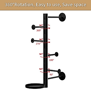 RCHYFEED Coat Rack Wall Mount, Vertical Coat Tree for Wall 16.9 Inch, Metal Modern Wall Hat Rack for Jackets, Bags, Hats, Swivel Coat Hanger with 6 Branches Key Tray for Entryway Living Room