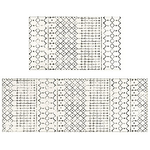 Xsinufn Boho Kitchen Mat Set of 2,Modern Farmhouse Kitchen Rugs and Mats Non Skid Washable,Moroccan Boho Runner Rugs with Rubber Backing for Kitchen Decor Accessories (Grey/Off-White 17"x47"+17"x30")
