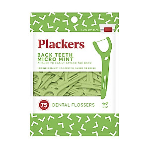 Plackers Back Teeth Micro Mint Dental Flossers, Delicious Mint Flavor, Provides Easy Access for Back Teeth, Built-in Protected Pick, Easy Storage, 75 Count (Pack of 1)
