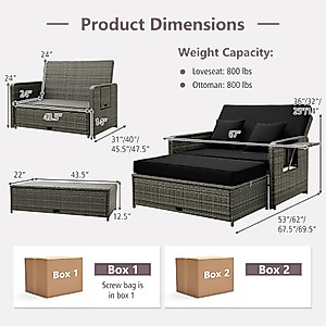 RELAX4LIFE Wicker Patio Outdoor Daybed - Rattan Day Bed Lounger w/Loveseat & Storage Ottoman, Sunbed Sofa Set w/Cushions, 4-Level Adjustable Backrest & 2 Retractable Trays, Patio Daybed (Black-Grey)