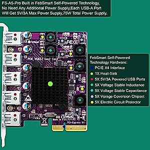 FebSmart 5X 10Gbps USB-A Ports PCIE USB 3.1 GEN2 Expansion Card for Windows 11, 10, 8.x, 7(32/64bit), Windows Server, MAC OS and Linux Desktop PCs, Built in Self-Powered Technology (FS-A5-Pro)