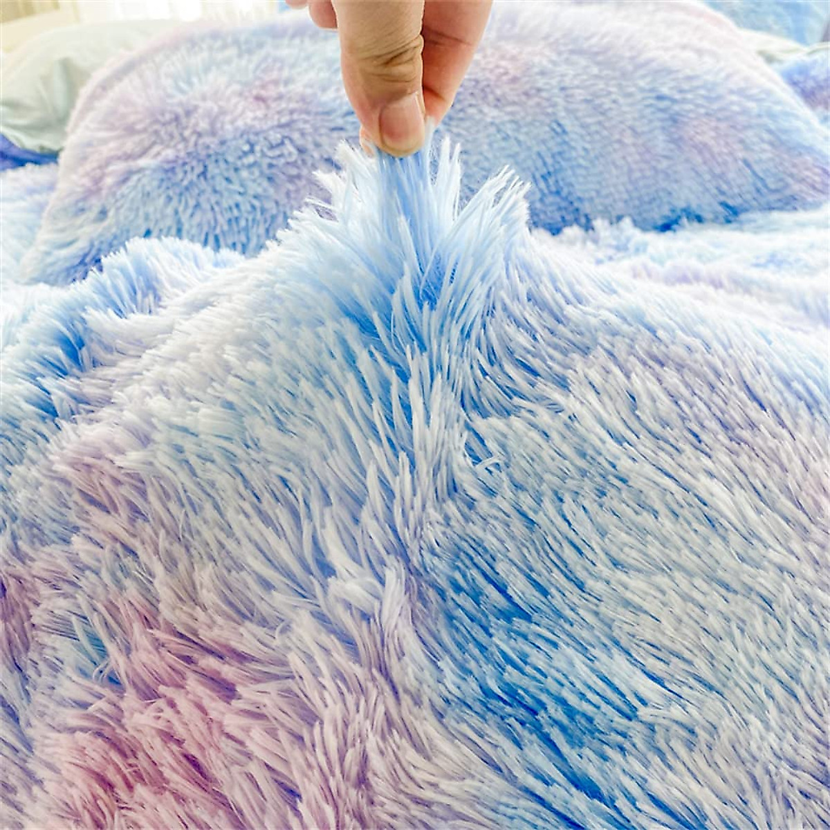 IHOUSTRIY Blue Queen Duvet Cover Set Rainbow Tie Dye Fluffy Girls Bedding Set Queen Size Plush Shaggy Furry Comforter Cover Set for Bedroom Decor (1 Duvet Cover, 2 Pillowcases)