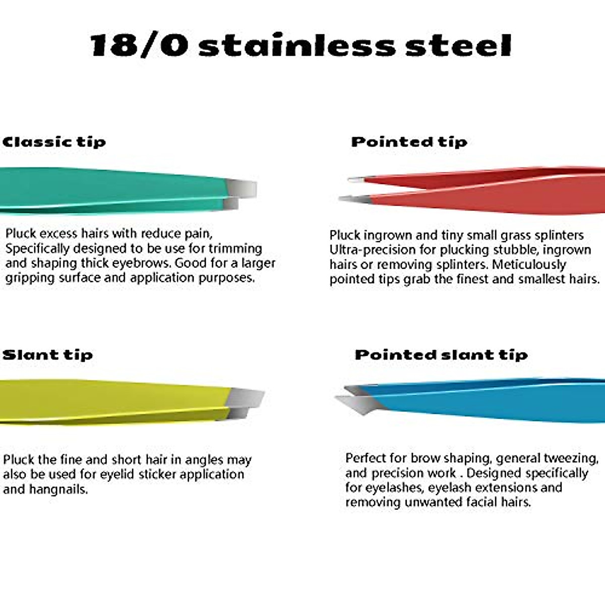 Precision Tweezers Set 4-Piece Muticolor Professional Stainless Steel Tweezers, LaVieEn 4 Pack Tweezers Precision for Eyebrows, Splinter and Ingrown Hair Removal with Rose Gold Leather Travel Case