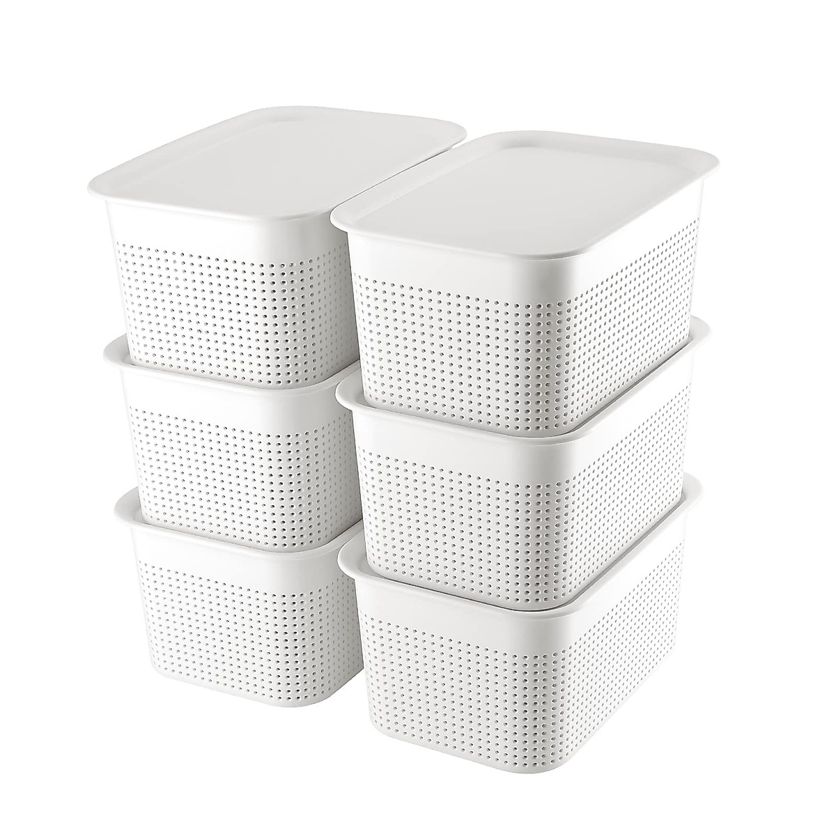 AREYZIN Set of 6 Lidded Plastic Storage Baskets + 6 Pack Clear Storage Bins with Bamboom Lids Freezer Organizer Bins Pantry Organization and Storage