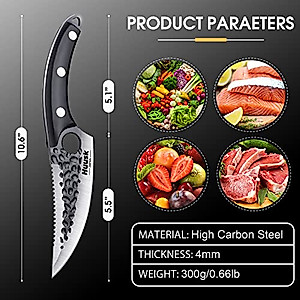 Huusk Viking Knife Caveman Knives - Hand Forged Meat Cleaver Sharp Boning Knife for Meat Cutting Japanese Knife with Sheath Trimming Butcher Knife for Kitchen & Outdoor Use