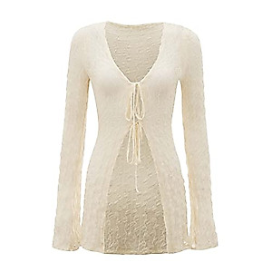 Verdusa Women's 90s Top Bell Long Sleeve Tie Front Textured Sheer T-Shirt Cardigan Beige M