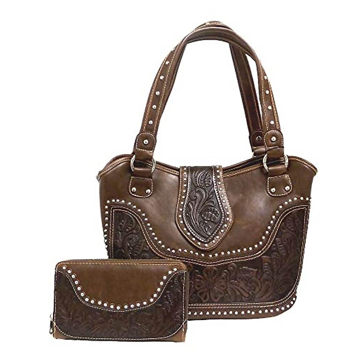 Montana West Ladies Concealed Gun Carry Purse Wallet Set Floral Tooling Coffee, Large