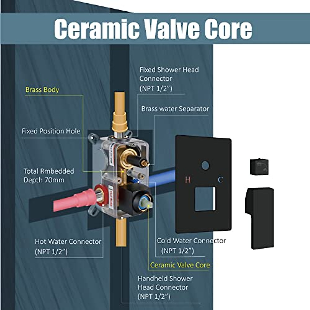 Aolemi Matte Black Shower System Ceiling Mount 12 Inch Rain Shower Head with 3 Functions ABS Handheld Spray Luxury High Pressure Shower Combo Set Rough-in Valve and Shower Trim Included Bathroom
