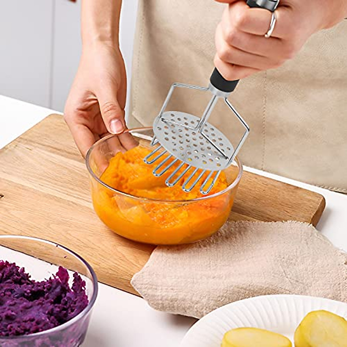 KUFUNG Potato Masher Stainless Steel, Potato Smasher Metal Wire Utensil for Best Mash for Bean, Avocado, Egg, Mini Mashed Potatoe, Banana & Other Food (2-Layers (Round holes 2), Silver)