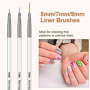 TEOYALL Fine Liner Brush, Nail Art Striping Brushes 5/7/9/11/20mm Thin Line Nail Brush Detail Drawing Brush Gel Nail Polish Brush