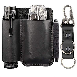 EDC Leather Belt Knife Sheath Organizer for Multitool, Fit 1.0" Diameter Flashlight, Tool Belt Pouch, Pocket Slip Pouch, EDC Tactical Key Chain Holder, Leather Key Fob, Premium Leather. Black.