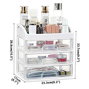 Makeup Organizer for Vanity, Skincare Organizers with 3 Drawers, Cosmetics Organizer for Skin Care, Eyeshadow, Brushes, Lipstick, Powders, Nail Polish.Great for Dresser, Bedroom, Bathroom (White)