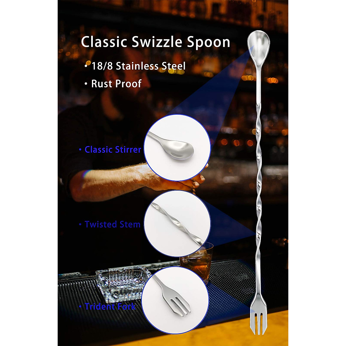 LNYFOUG 10 Inch Stainless Steel Cocktail Muddler and Mixing Spoon Ideal Home Bar Bartender’s Tool Sets for Mojito and Other Fruit Drinks