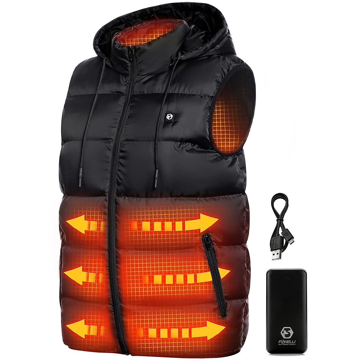 Foxelli Men's Heated Puffer Vest - Lightweight, USB Rechargeable Black Vest for Men, Men’s Winter Outerwear Vest with Battery