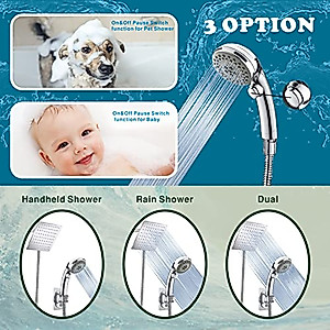 Shower Head with handheld, High Pressure 8'' Rainfall Stainless Steel Handheld Shower with ON/OFF Pause Switch Shower Combo with hose,Adhesive Shower Head Holder