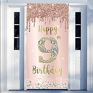9th Birthday Door Banner Decorations for Girls, Pink Rose Gold Happy 9th Birthday Sign Door Cover Backdrop Party Decor, Large Nine Year Old Birthday Poster Background Photo Booth Props Party Supplies