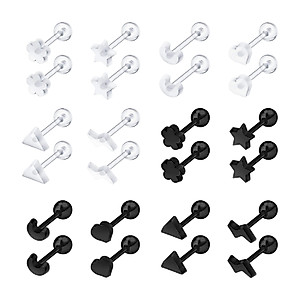 PiercingArt 24Pcs Plastic Earrings For Sensitive Ears Silicone Medical Clear Tragus Cartilage Daith Studs Retainers 16G