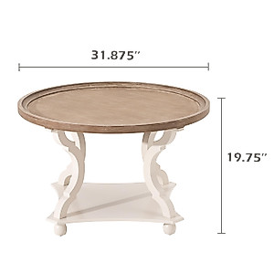 COZAYH Round Farmhouse Coffee Table with Handmade Finishes, Wood Tray Top Rustic Coffee Table for Added Thickness, Accent Table with Storage for Living,White 32“X32”X20“