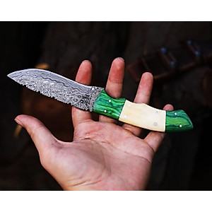 ADAM KNIVES Fixed Blade Damascus Steel Hunting Knife With Leather Sheath, 9'' Full Tang Skinning, Non-Slip Wooden Handle, Camping (Green Wood)