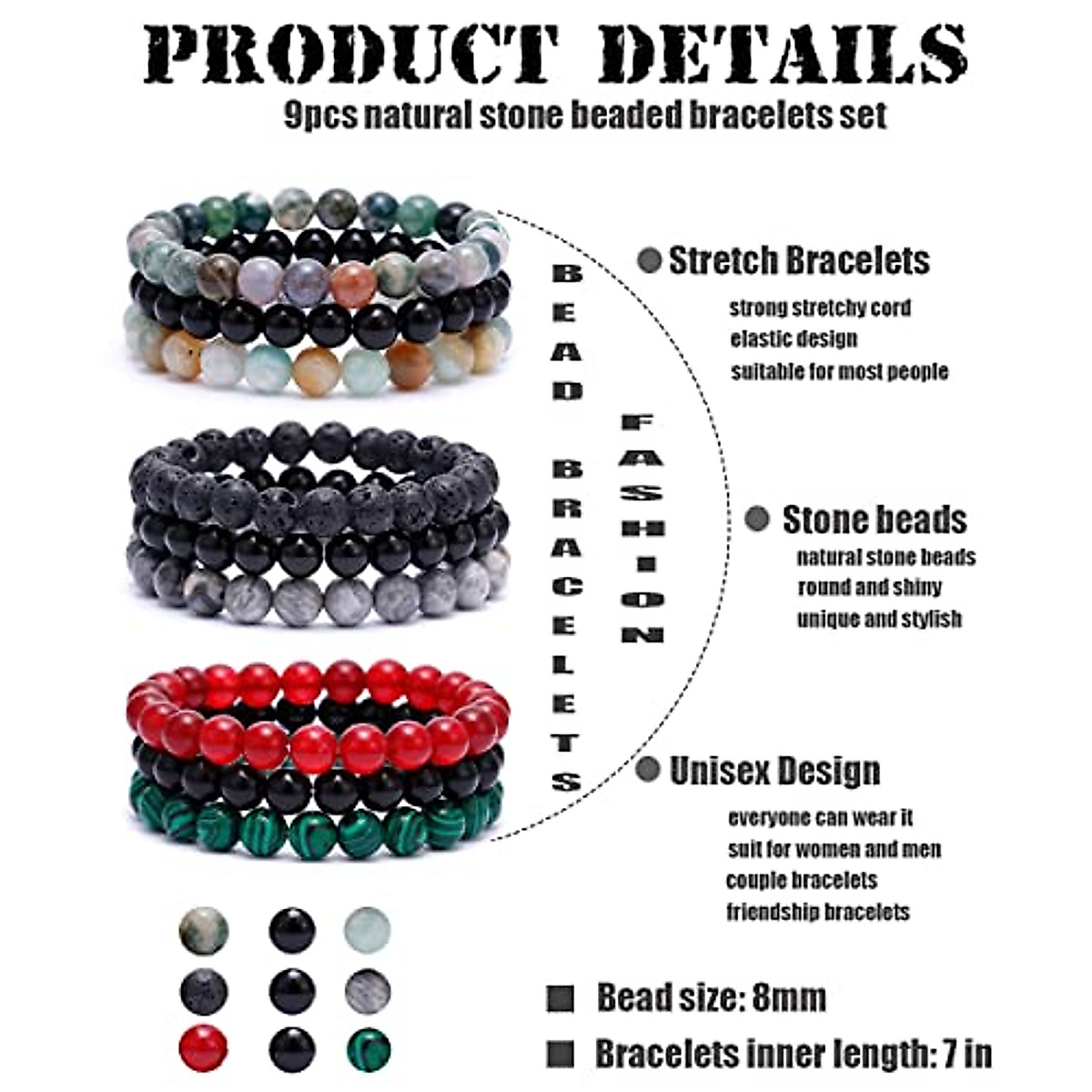 BOMAIL 9Pcs 8mm Natural Stone Beaded Bracelet Set for Men Women Semi-Precious Gemstone Beads Bracelets Matte Lava Rock Volcanic Tiger Eye Stone Yoga Healing Energy Crystal Stretch Bracelets Set