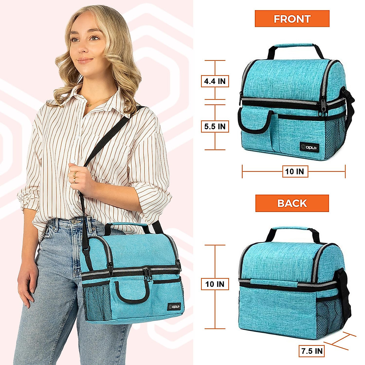 OPUX Lunch Box for Men, Adult Lunch Box Cooler, Insulated Lunch Bag Women, Dual Compartment Lunchbox for Work, Leakproof Double Decker Lunch Bag, Soft Lunch Pail Tote Boys Girls Kids School, Teal Blue