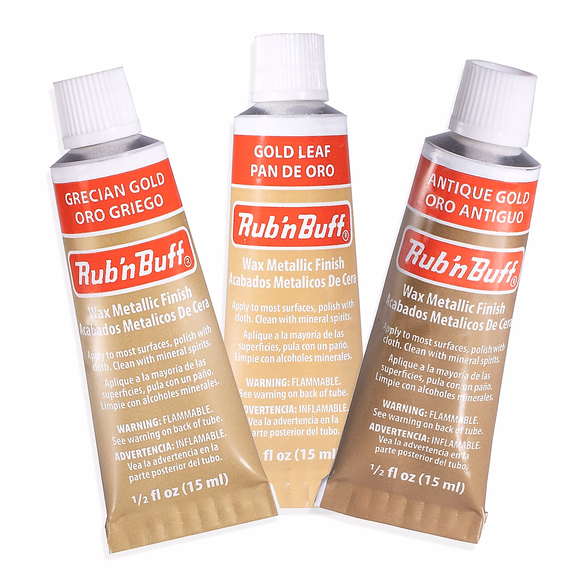 AMACO Rub n Buff Wax Metallic Finish 3 Color Kit - Antique Gold Grecian Gold and Gold Leaf 15ml Tubes - Versatile Gilding Wax for Finishing Furniture Antiquing and Restoration - 3 Rub and Buff Colors