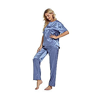 LYANER Women's Satin Silk Pajama Set Short Sleeve T-shirt with Pants Set PJ Loungewear Dark Blue X-Small