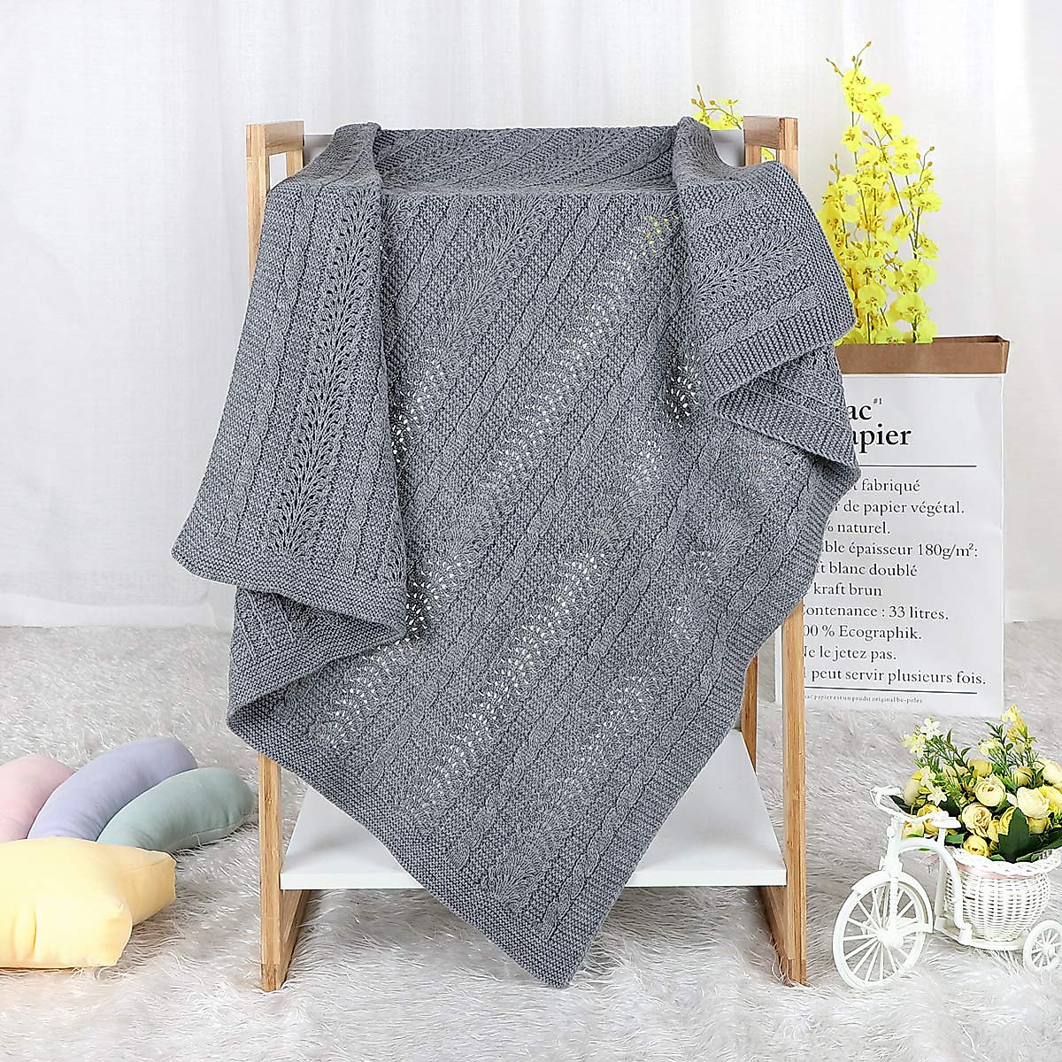 Hadetoto Baby Blanket Soft Knit Swaddle Receiving Blankets Crochet Cosy Warm Cellular Blanket Baby for Newborn Boy and Girl (Grey718)