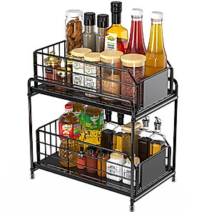 Laokiiy Under Sink Organizers, Storage Bathroom Organizer 2 Tier Under Sliding Kicthen Cabinet Basket Organizer with Hooks, Multi-purpose Under Sink Shelf Organizer, Black