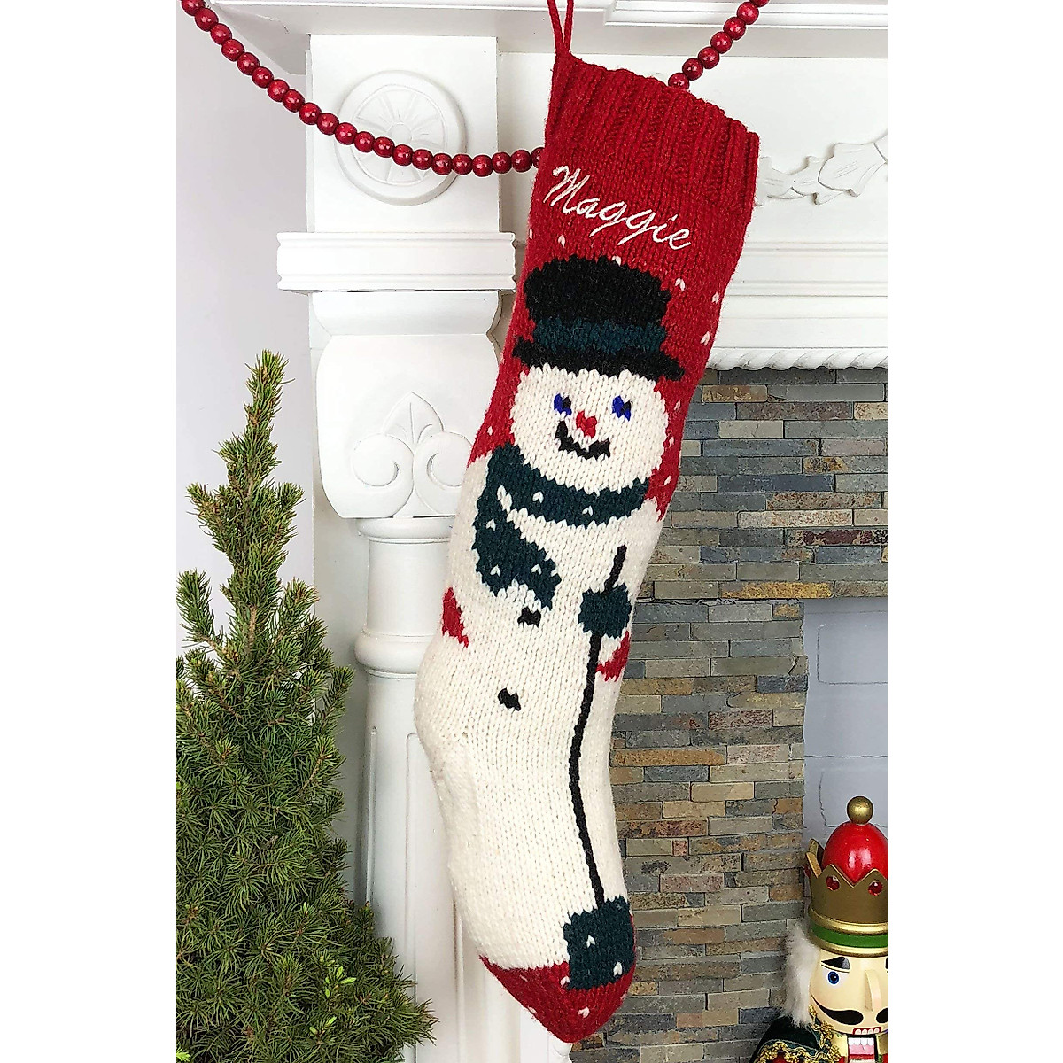 Personalized Hand Knit Mary Red Wool Snowman Chirstmas Stocking with Optional Personalization
