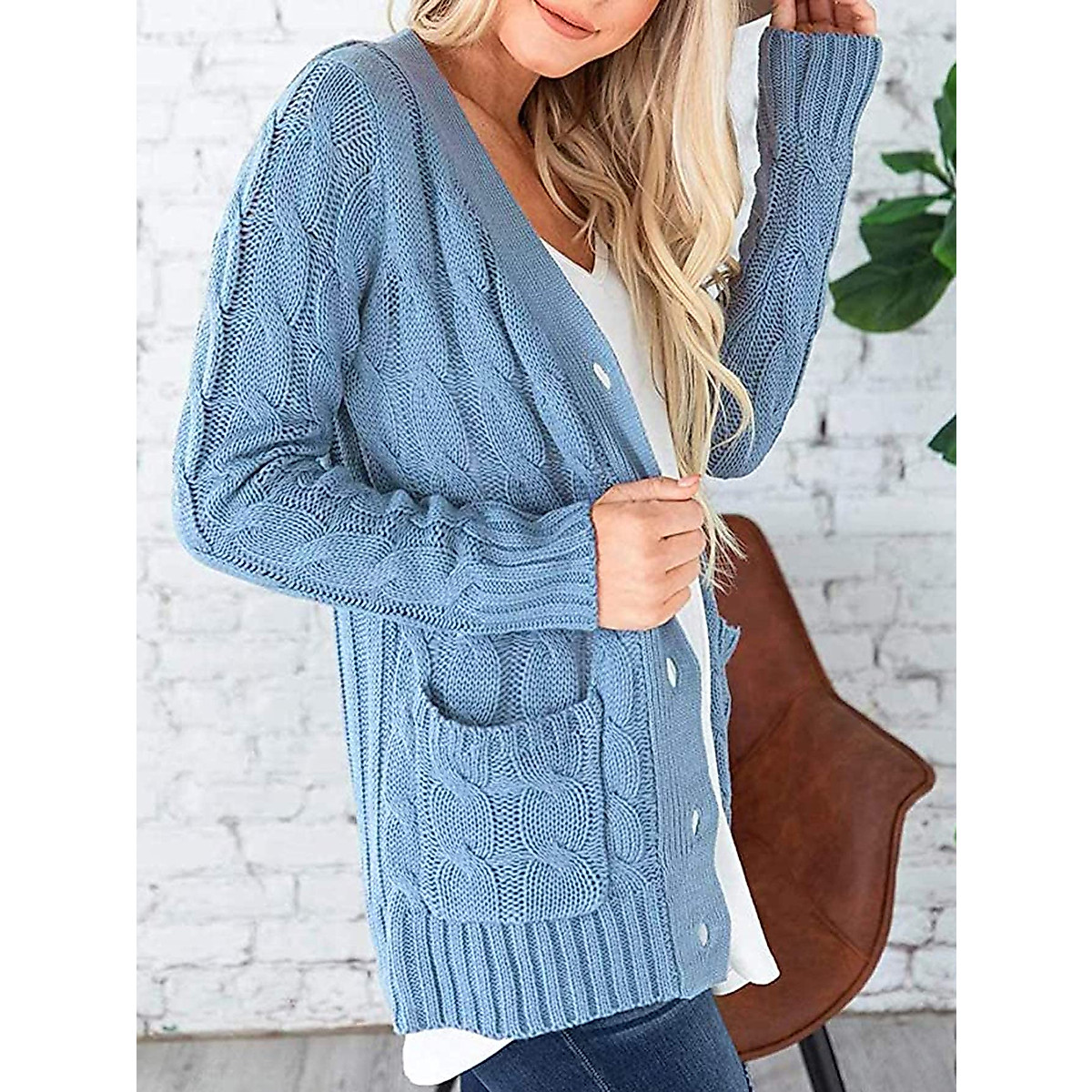 PRETTYGARDEN Women's Open Front Cardigan Sweaters Fashion Button Down Cable Knit Chunky Outwear Coats (Blue,Small)