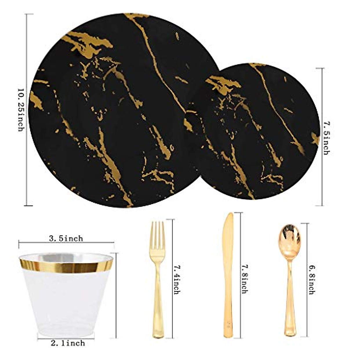 BUCLA 30Guests New Year Plates - Black And Gold Plastic Plates With Disposable Prewrapped Silverware Bulk And Gold Cups- Marble Design Disposable Plastic Dinnerware-Ideal For Thanksgiving and New Year