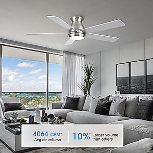 POCHFAN 52 Inch Low Profile Ceiling Fans With Lights and Remote, Flush Mount Modern Ceiling Fan, 3CCT Dimmable DC Ceiling Fan for Bedroom, Living Room, Brushed Nickel