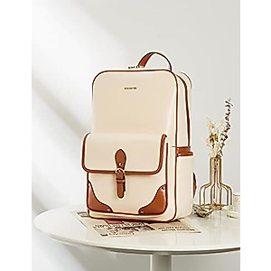 BOSTANTEN Leather Laptop Backpack for Women 15.6 inch Computer Bag Stylish College Daypack Travel Bag Off-white with Brown