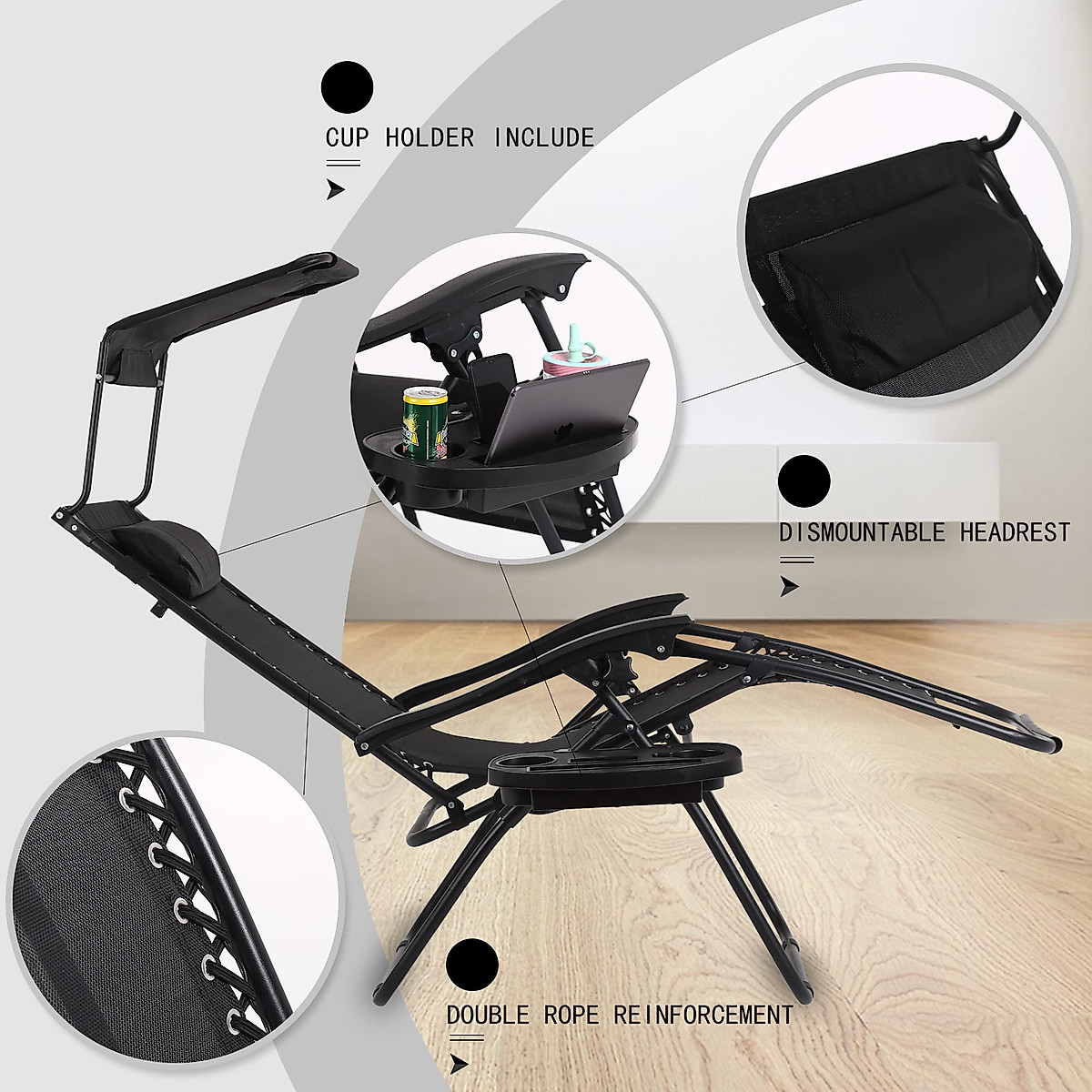 FDW 2 PCS Zero Gravity Chair Lounge Chairs Patio Chairs with Canopy Cup Holder for Outdoor Patio Seaside (Black)