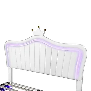Upholstered Princess Bed Platform Bed, Queen Size Fun Cute Bed Frame with Adjustable Crown Shaped Headboard and LED Lights, Kids Bedroom Furniture Princess Bed Upholstered Bed (White)