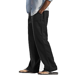 perdontoo Mens Casual Cotton Linen Pants Elastic Waist Drawstring Straight Summer Beach Pants (Small, Black)